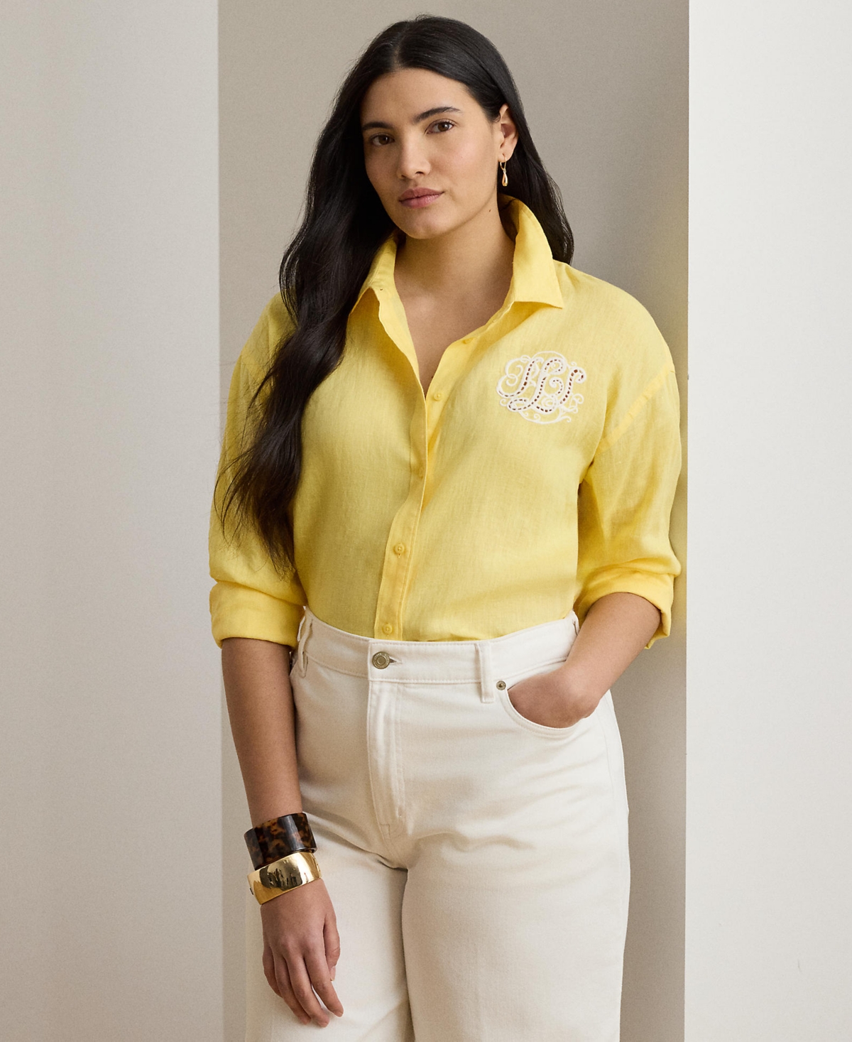 Lauren Ralph Lauren Plus Size Relaxed-Fit Eyelet-Logo Shirt - Lemon Sorbet