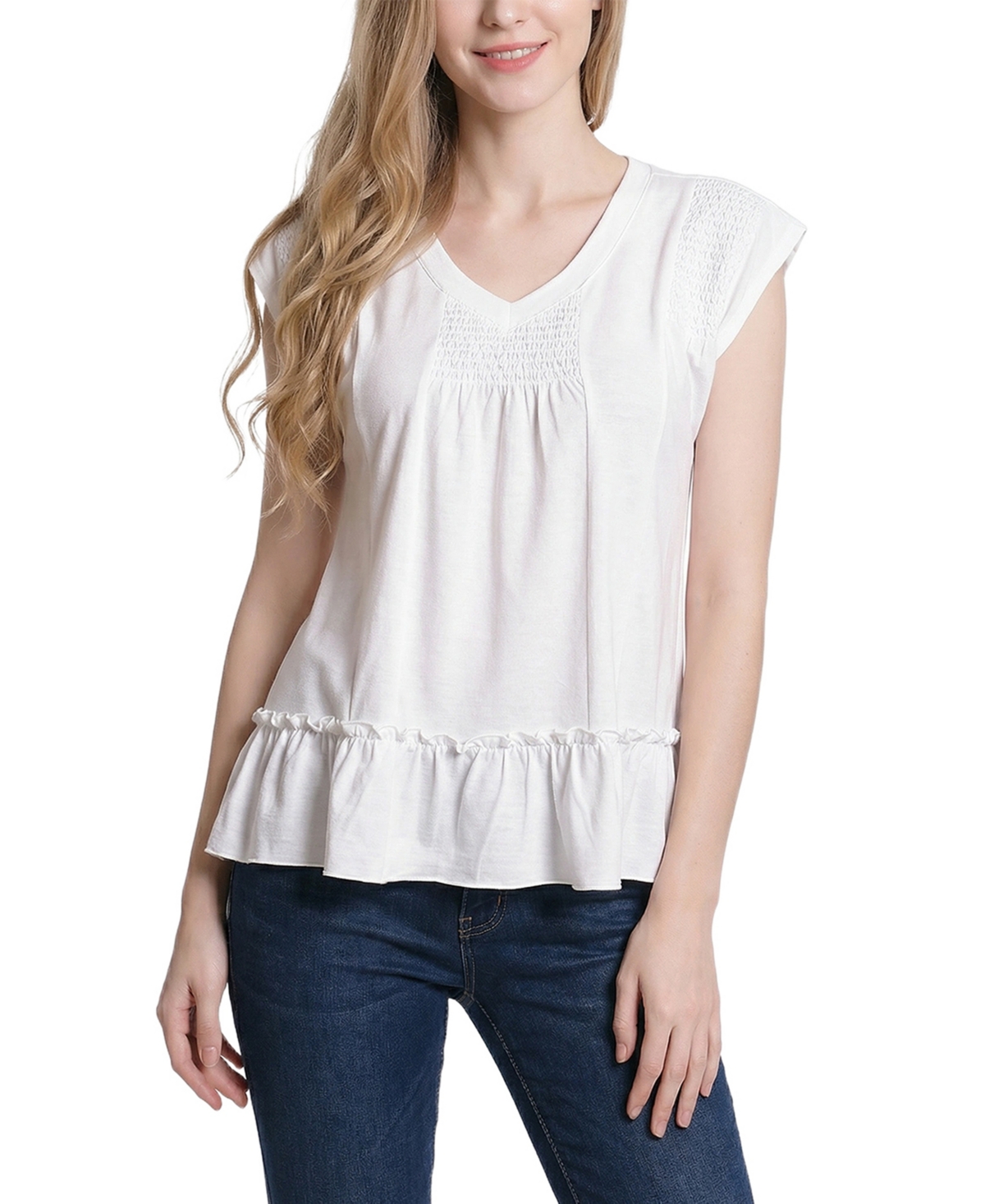 Click here for Ny Collection Womens Cap-Sleeve Peasant Top - Whit... prices