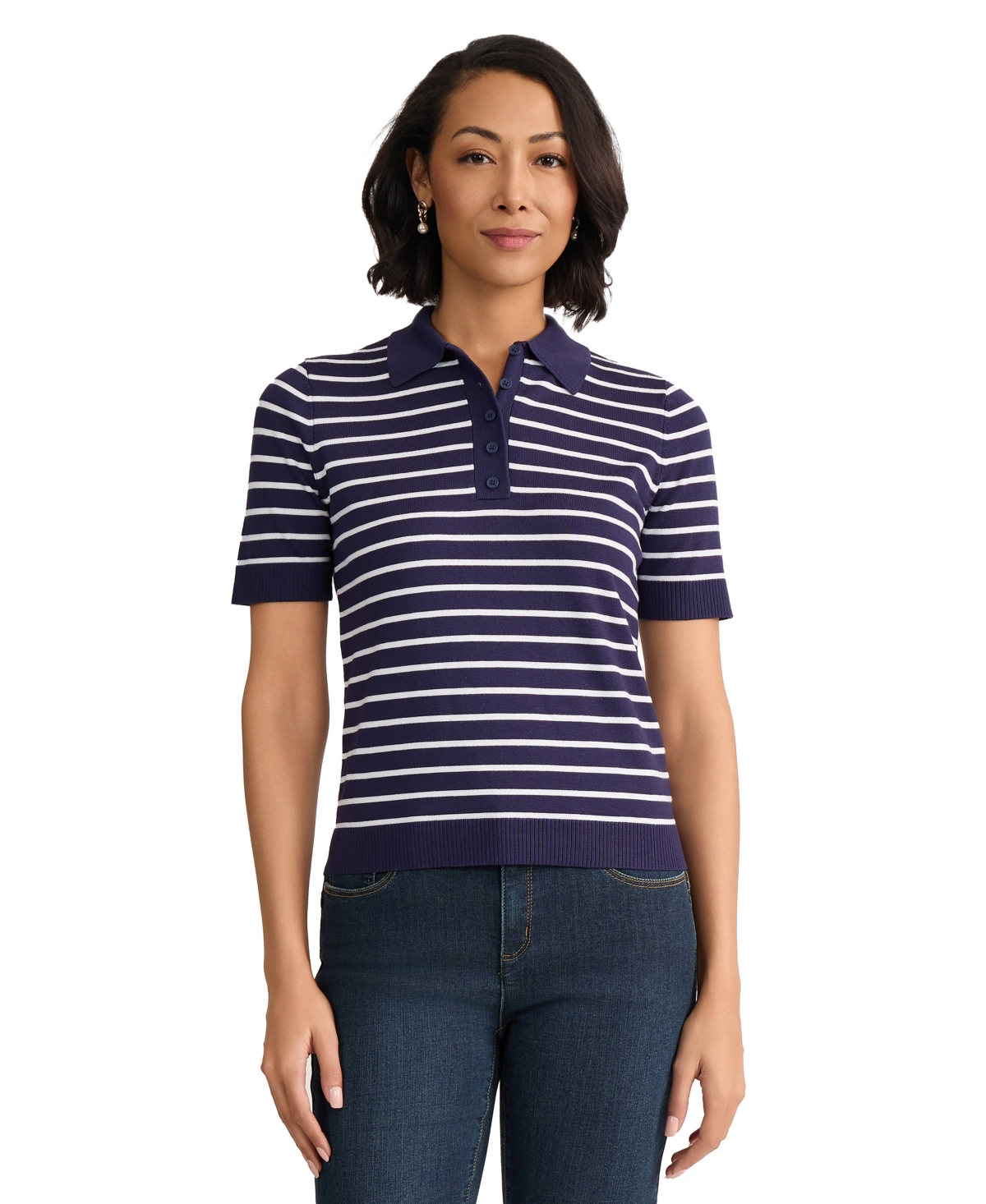 Click here for Jones New York Petite Stripped Collared Neck T-Shi... prices