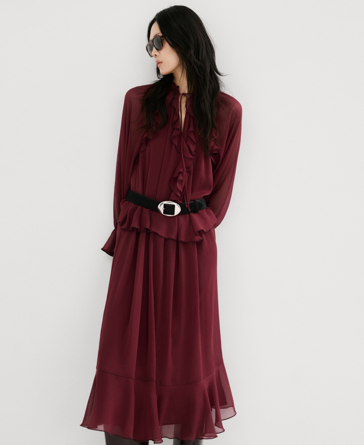 Click here for Mango Womens Long Ruffled Dress - Burgundy prices