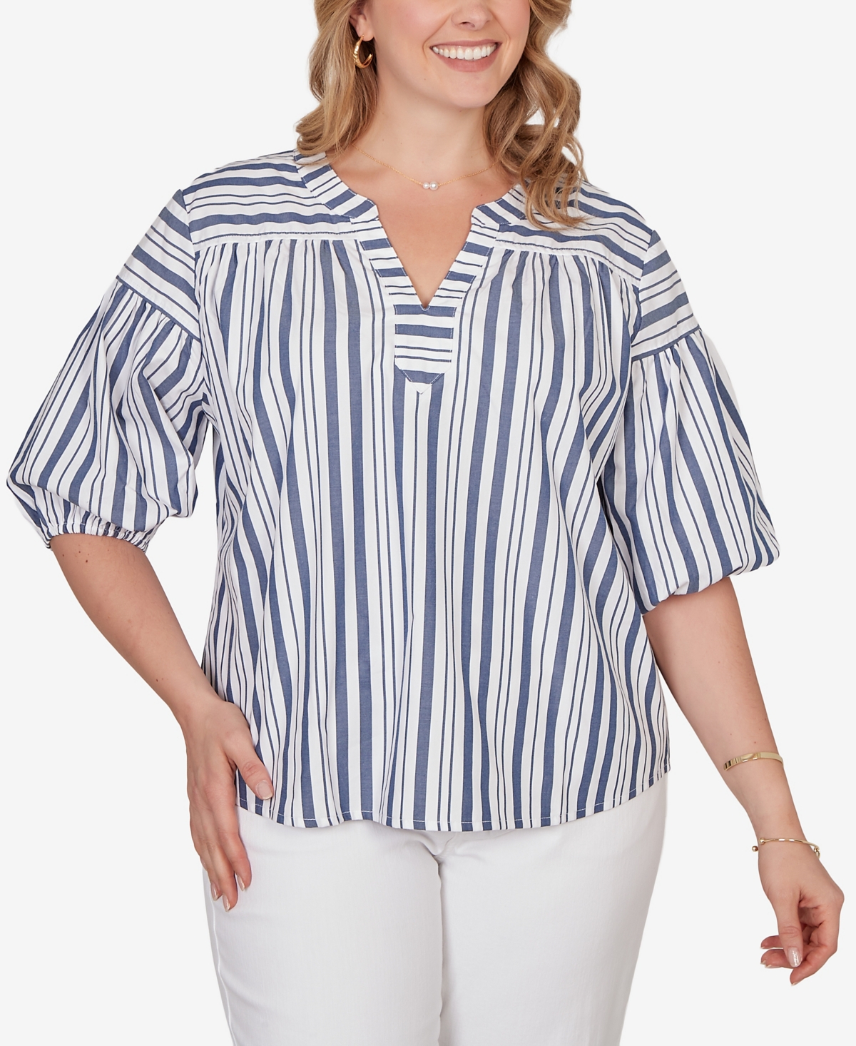 Click here for Ruby Rd. Plus Size Striped Cotton Poplin Elastic C... prices