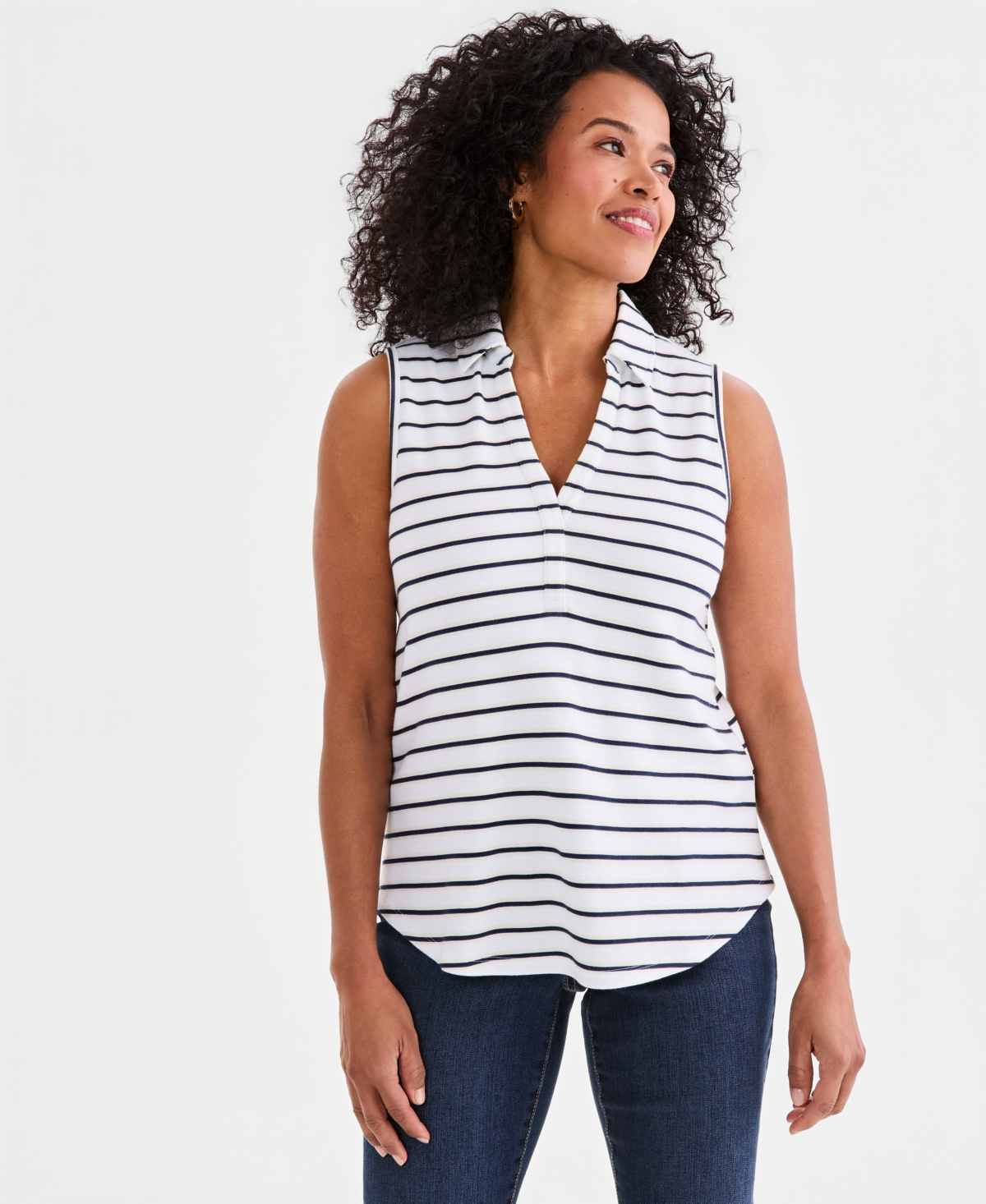 Click here for Style & Co Womens Striped Johnny-Collar Sleeveless... prices