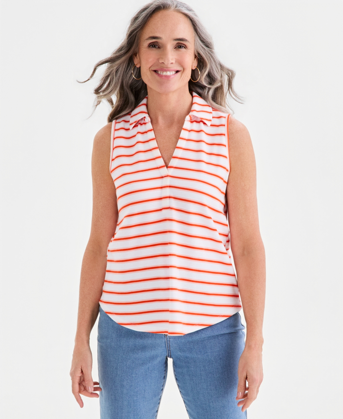 Click here for Style & Co Womens Striped Johnny-Collar Sleeveless... prices