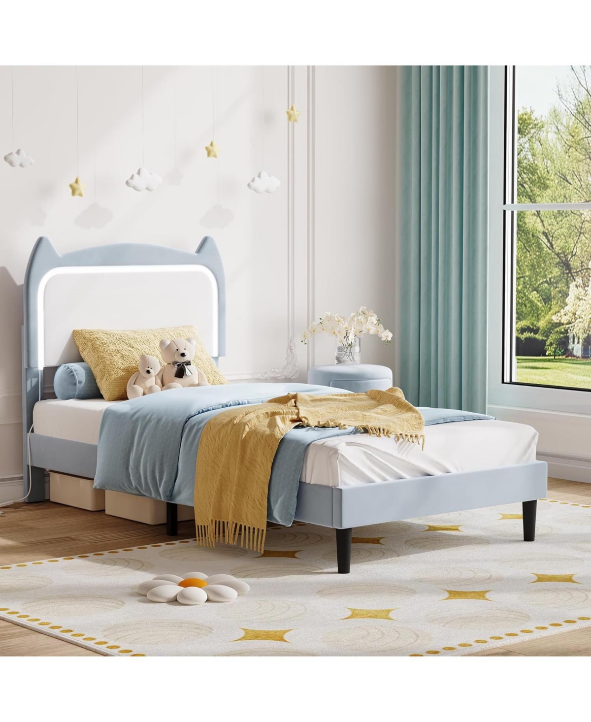 Click here for gaomon Twin Upholstered Bed Frame with Cat Headboa... prices