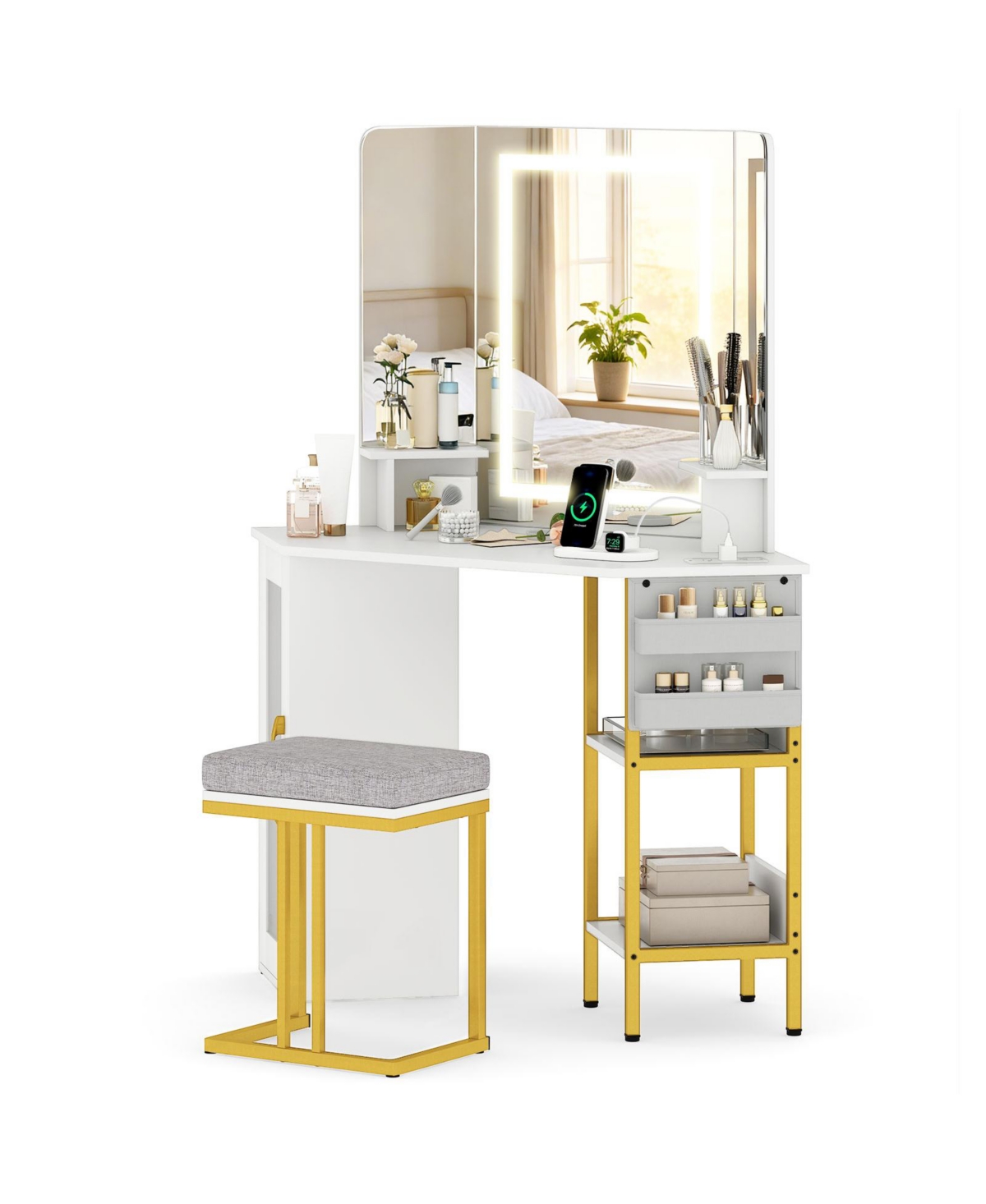 Click here for Sugift Corner Vanity Desk with Triple Mirror and L... prices