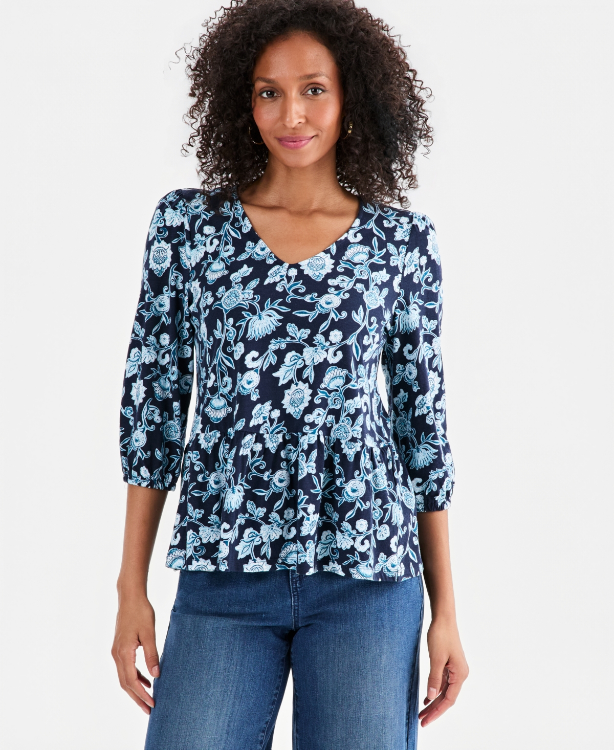 Click here for Style & Co Womens Printed 3/4-Sleeve V-Neck Peplum... prices