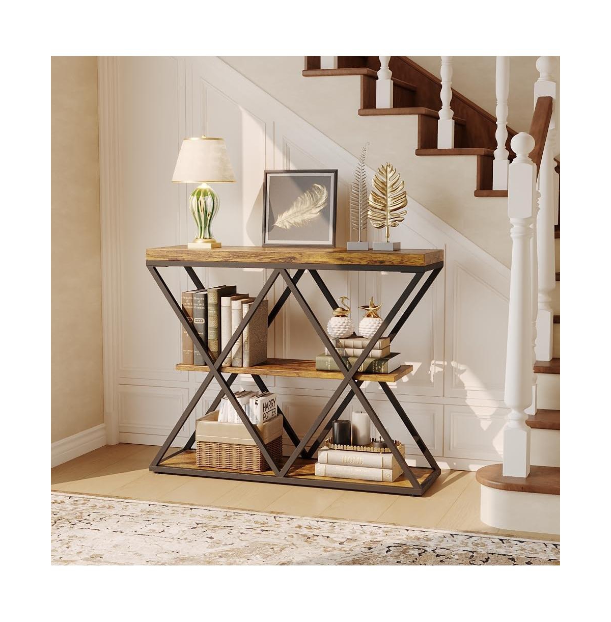 Click here for gaomon Industrial 3-Tier Entryway Table  Double X... prices