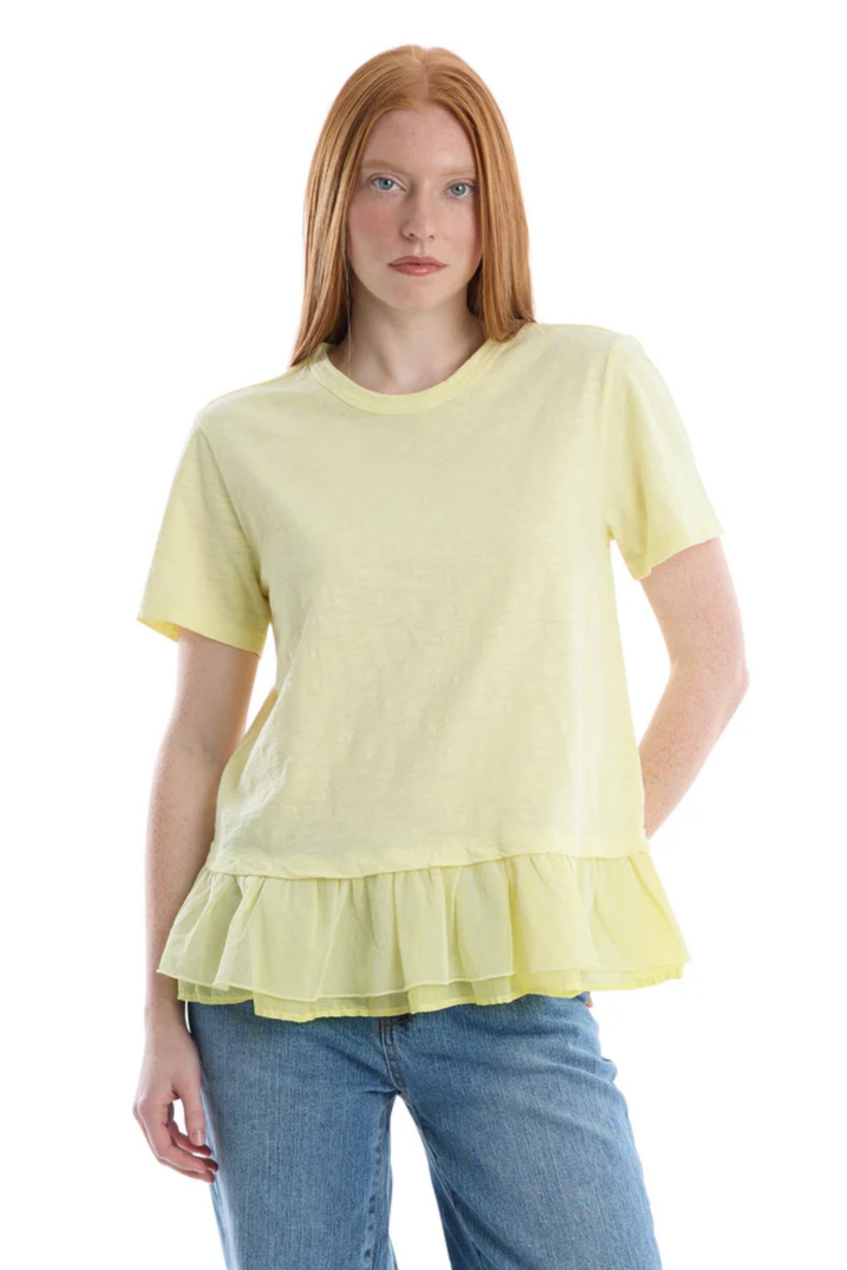 Click here for Wilt Womens Short Sleeve Mixed Media Tee - Wax yel... prices