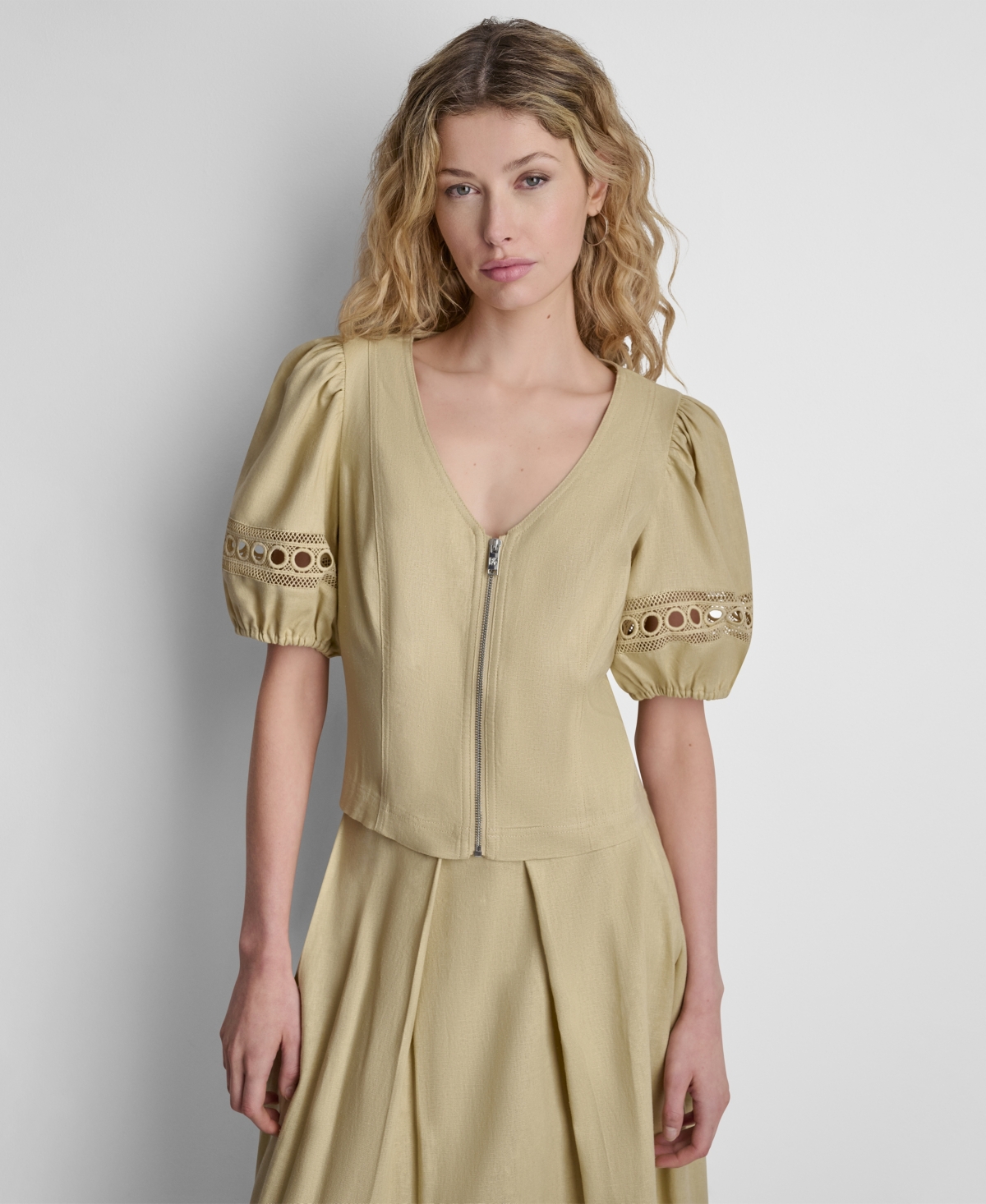 Click here for Dkny Womens Puff-Sleeve Zip-Up Blouse - Mojave Des... prices