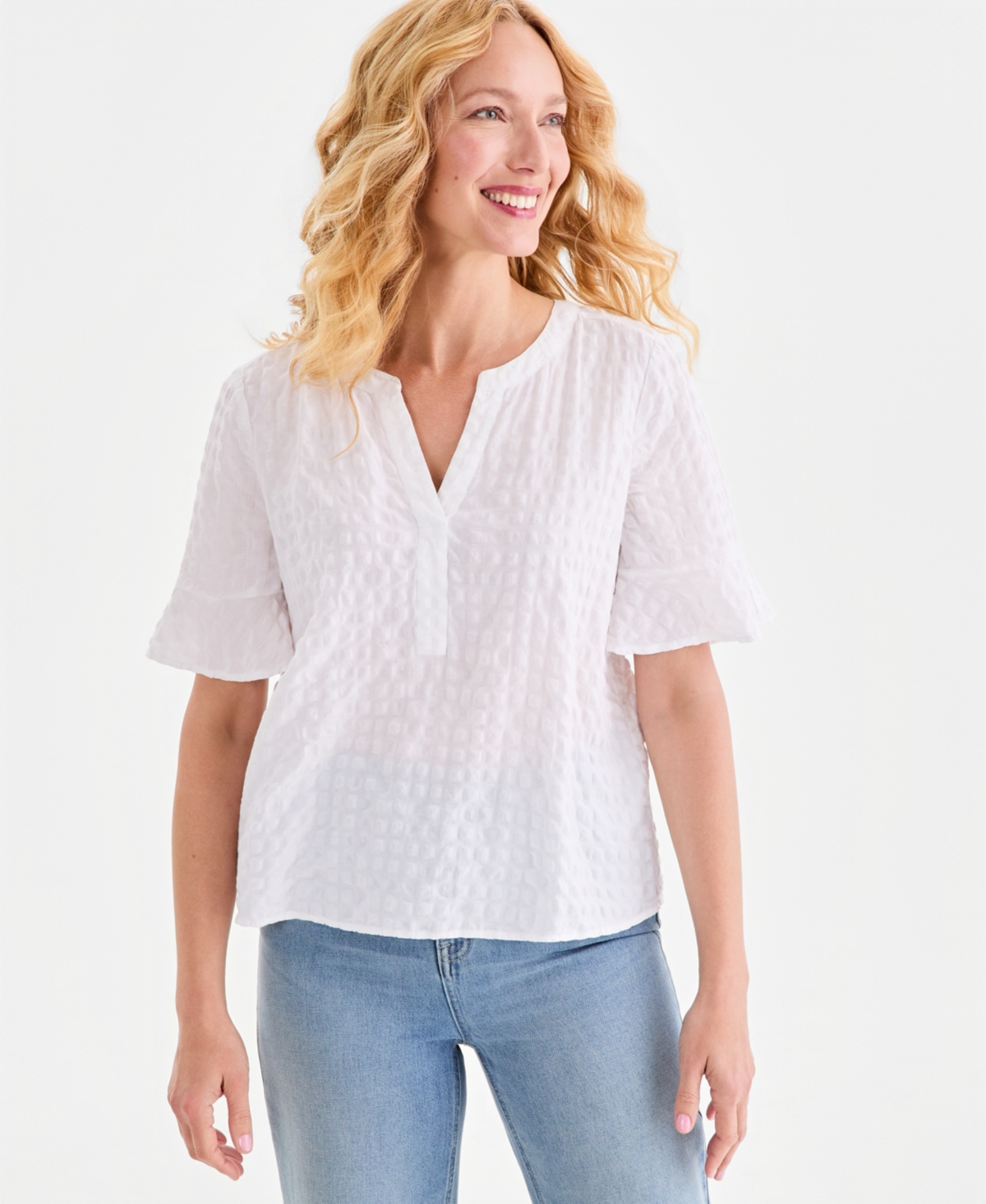 Click here for Style & Co Womens Seersucker Split-Neck Popover To... prices