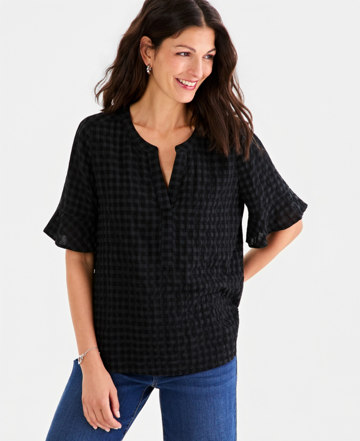 Click here for Style & Co Womens Seersucker Split-Neck Popover To... prices