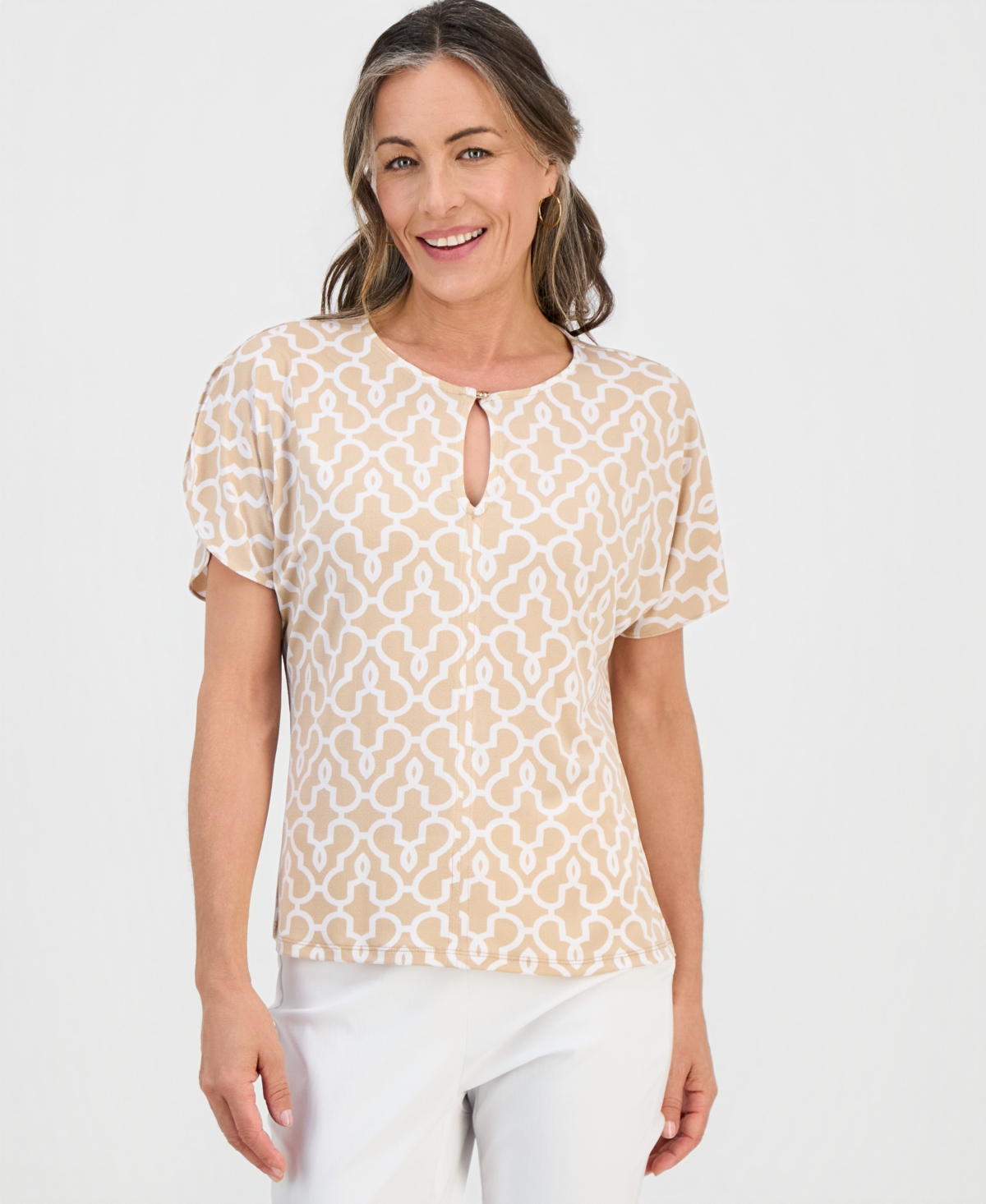 Click here for Jm Collection Petite Printed Keyhole Split-Sleeve... prices