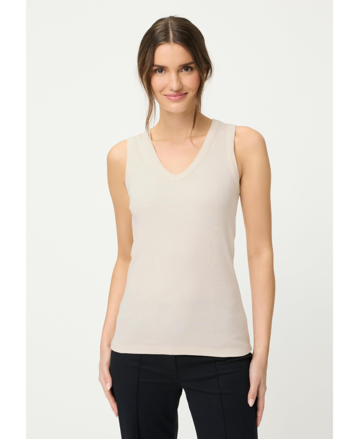 Click here for Olsen Womens Ribbed Knit Rounded V-Neck Shell - Li... prices