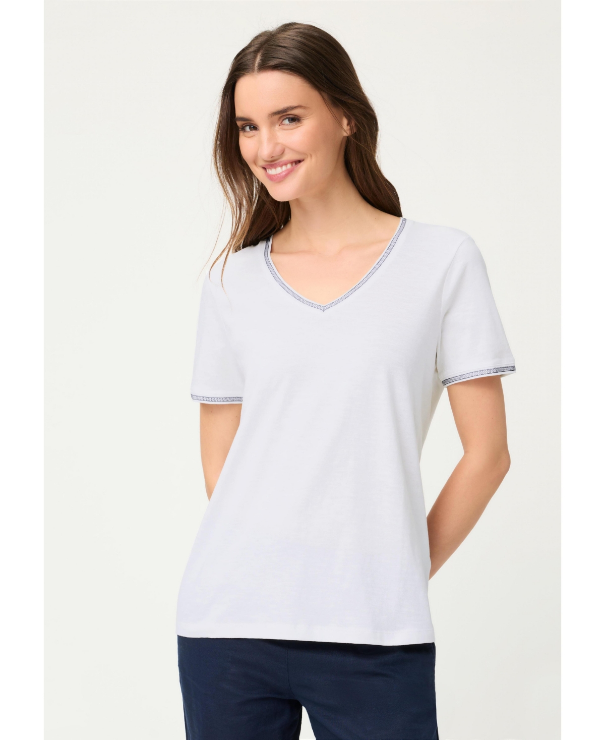 Click here for Olsen Womens Embroidered Trim T-Shirt - White prices
