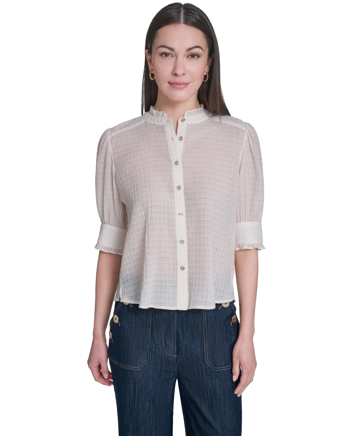 Click here for Tommy Hilfiger Womens Puff-Sleeve Button-Front Top... prices