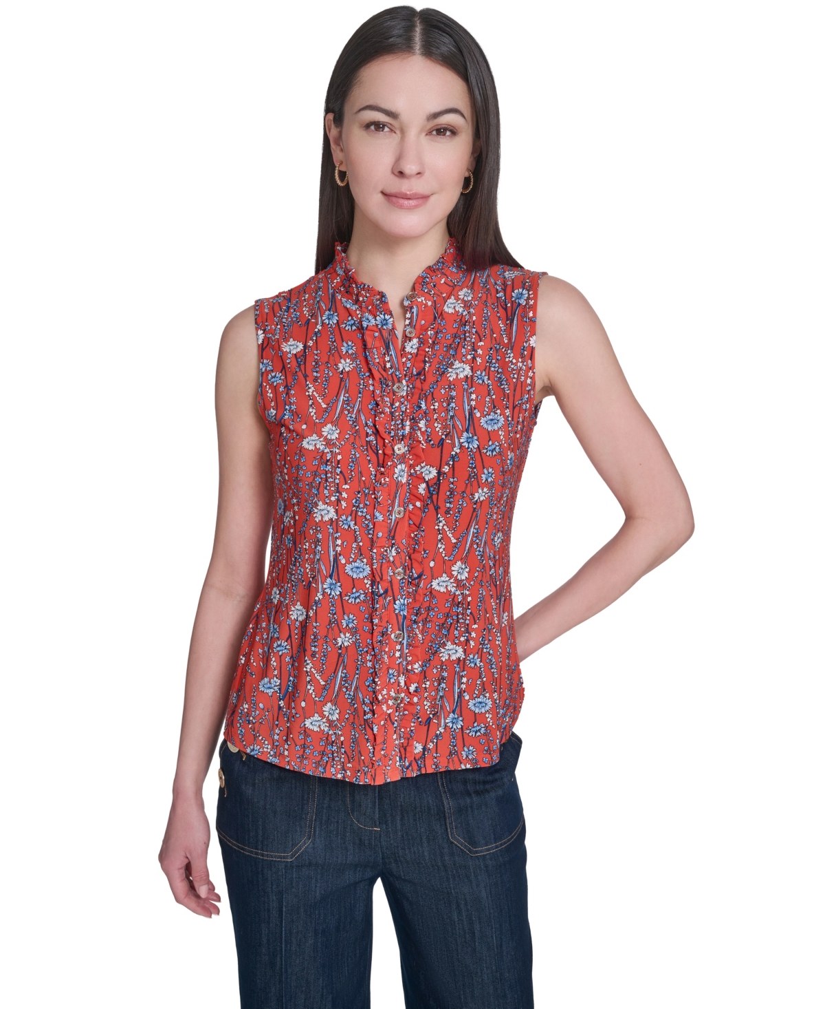 Click here for Tommy Hilfiger Womens Band Collar Ruffle Placket T... prices