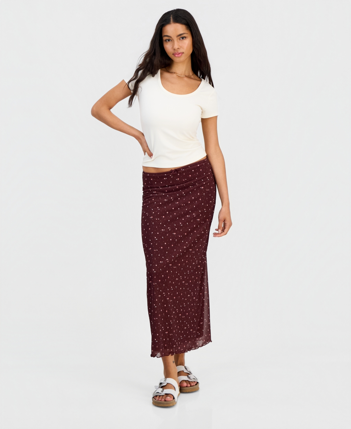 Click here for Hippie Rose Juniors Printed Mesh Midi Skirt - Burg... prices