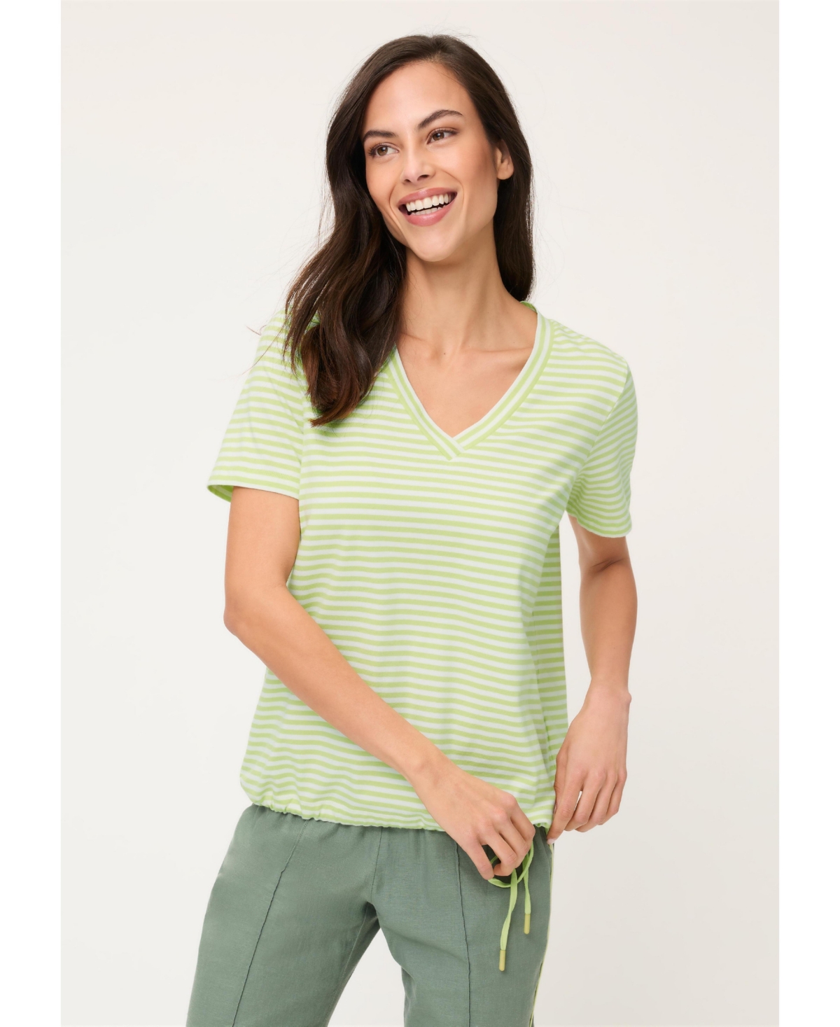 Click here for Olsen Womens Stripe V-Neck T-Shirt - Lime green prices