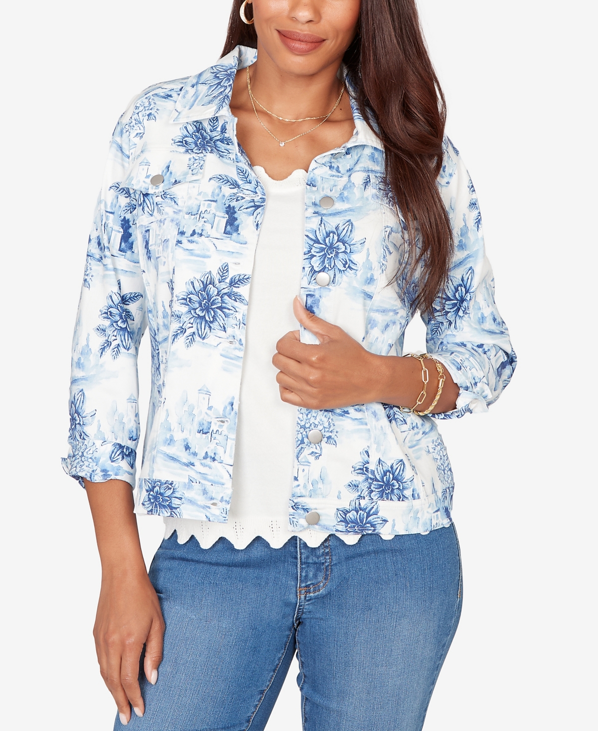 Click here for Ruby Rd. Petite Toile Print Button-Front Denim Jac... prices