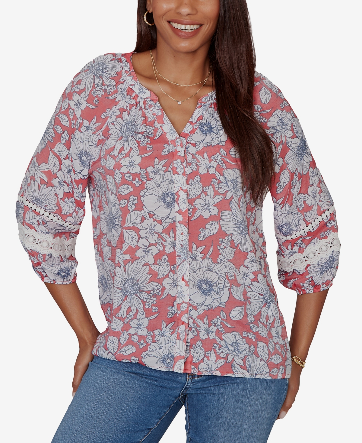 Click here for Ruby Rd. Petite Floral Silky Gauze Peasant Button-... prices