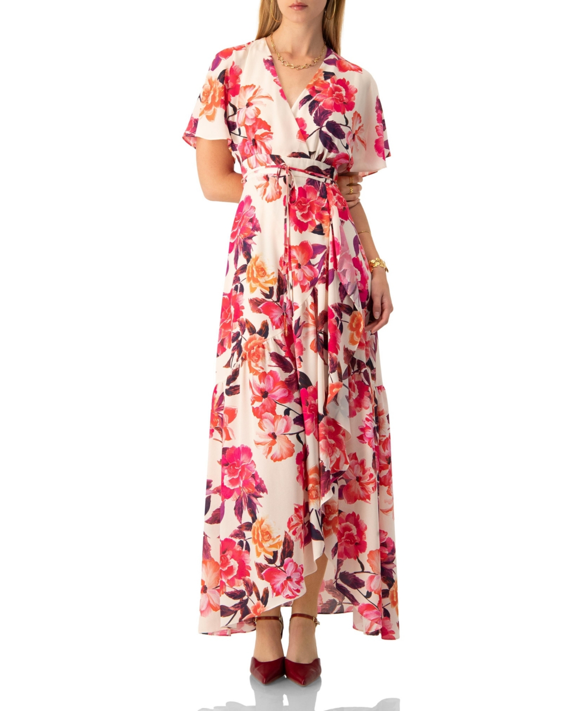 Click here for Ivonne Womens Crossed V-Neck Wrap Floral Maxi Dres... prices