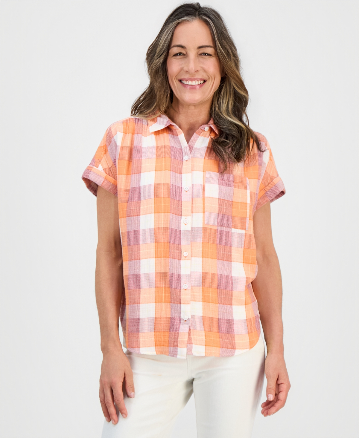 Click here for Style & Co Petite Plaid Button-Up Cotton Camp Shir... prices