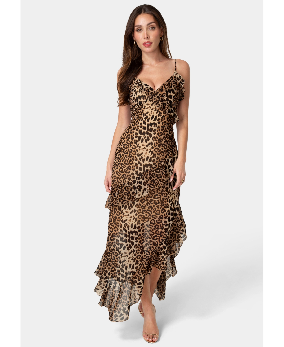 Click here for Bebe Womens Ruffle Chiffon Midi Dress - Leopard prices