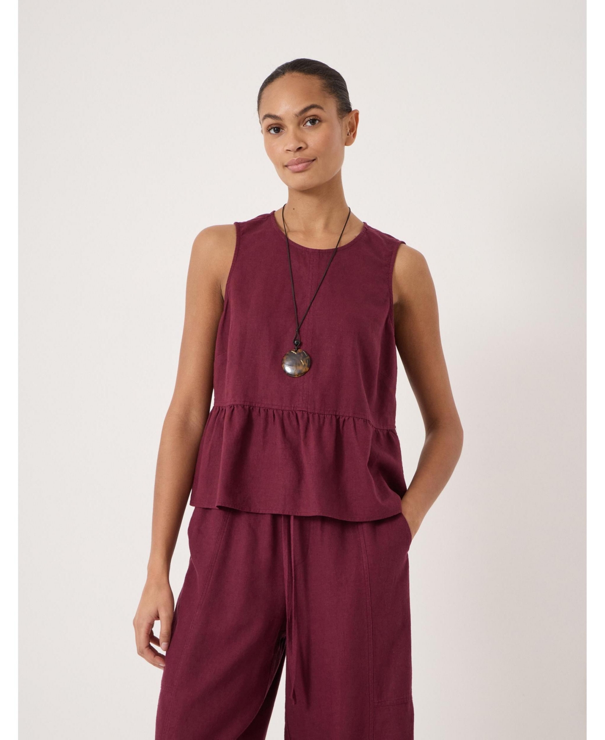 Click here for Hush Womens Nomie Linen Blend Peplum Top - Maroon... prices