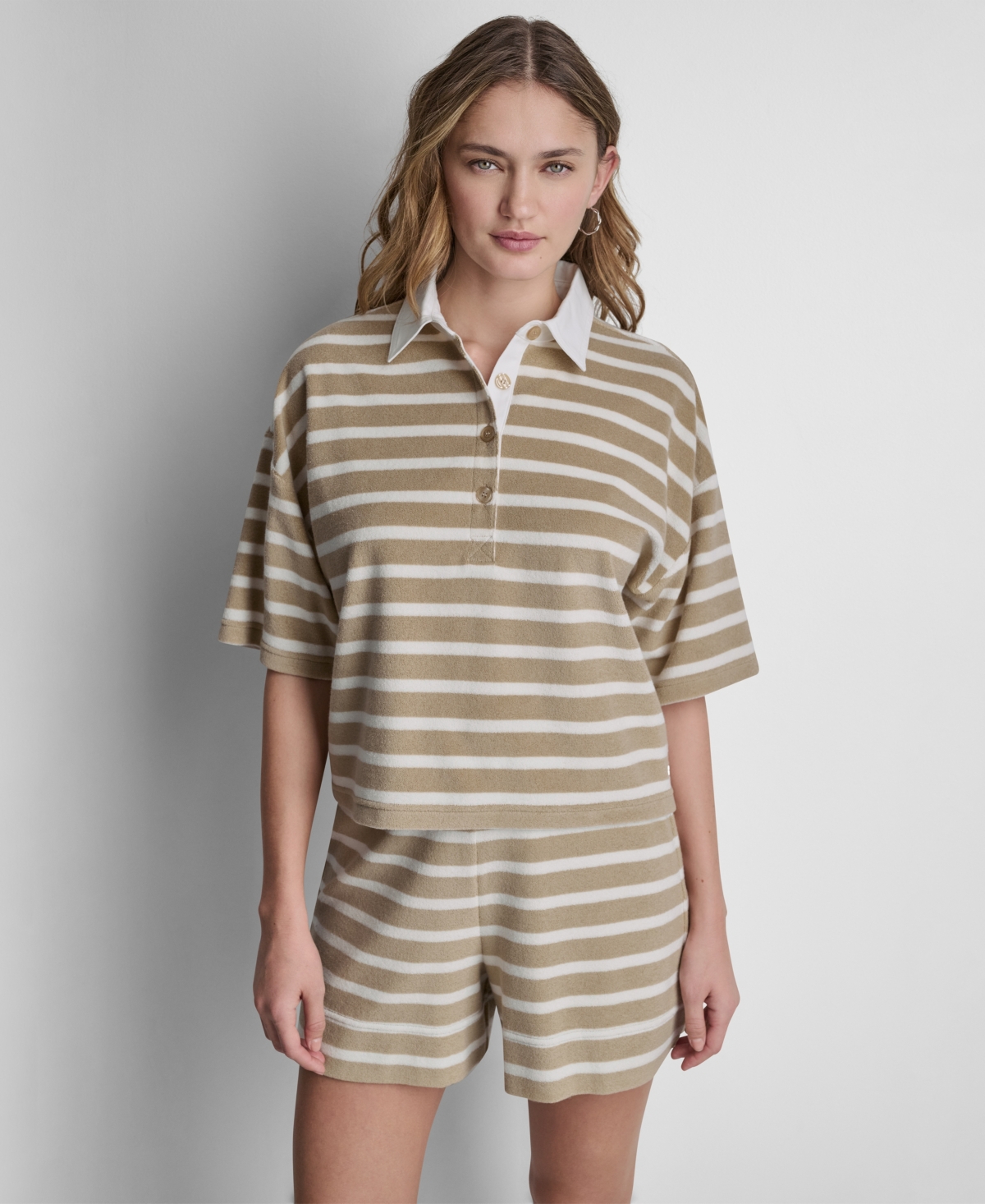 Click here for Dkny Jeans Womens Striped Polo T-Shirt - Travertin... prices