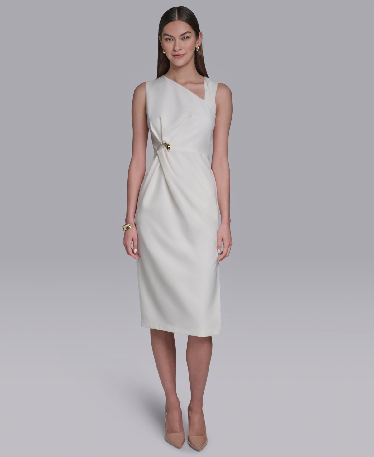 Click here for Halston Womens Asymmetrical Neck Midi Dress - Ivor... prices