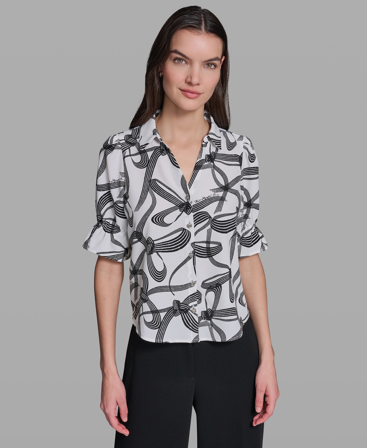 Click here for Karl Lagerfeld Paris Petite Bow Print Collared Blo... prices