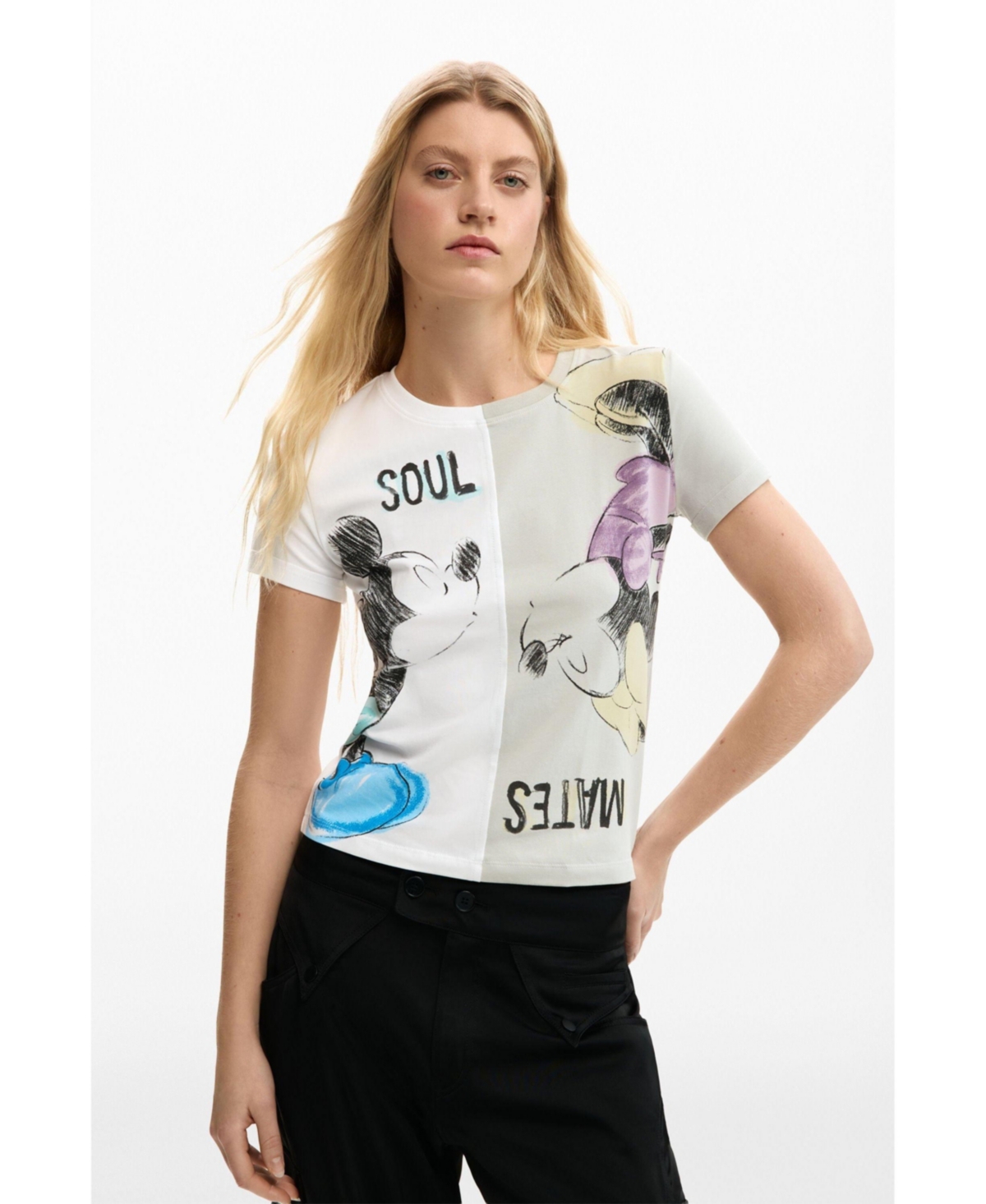 Click here for Desigual Womens Mickey and Minnie Mouse Kiss T-Shi... prices