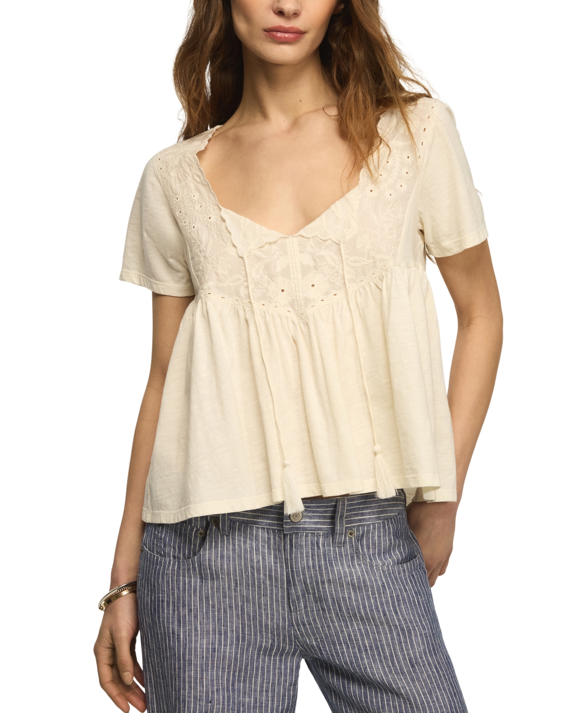 Click here for Lucky Brand Womens Short-Sleeve Embroidered Yoke T... prices
