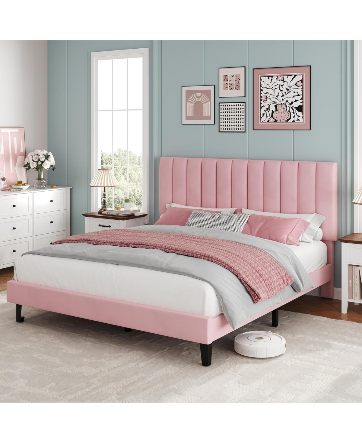 Click here for gaomon Queen Velvet Upholstered Bed  Vertical Chan... prices