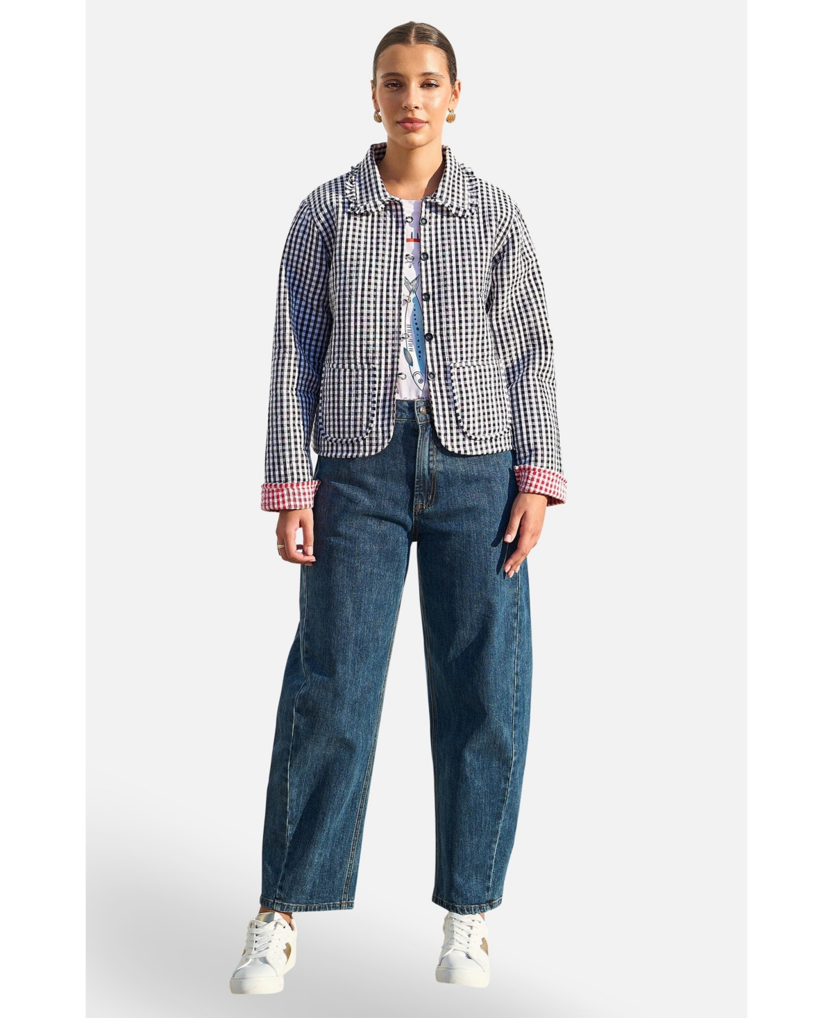 Click here for Yumi Womens Gingham Frill Collar Jacket - Black prices