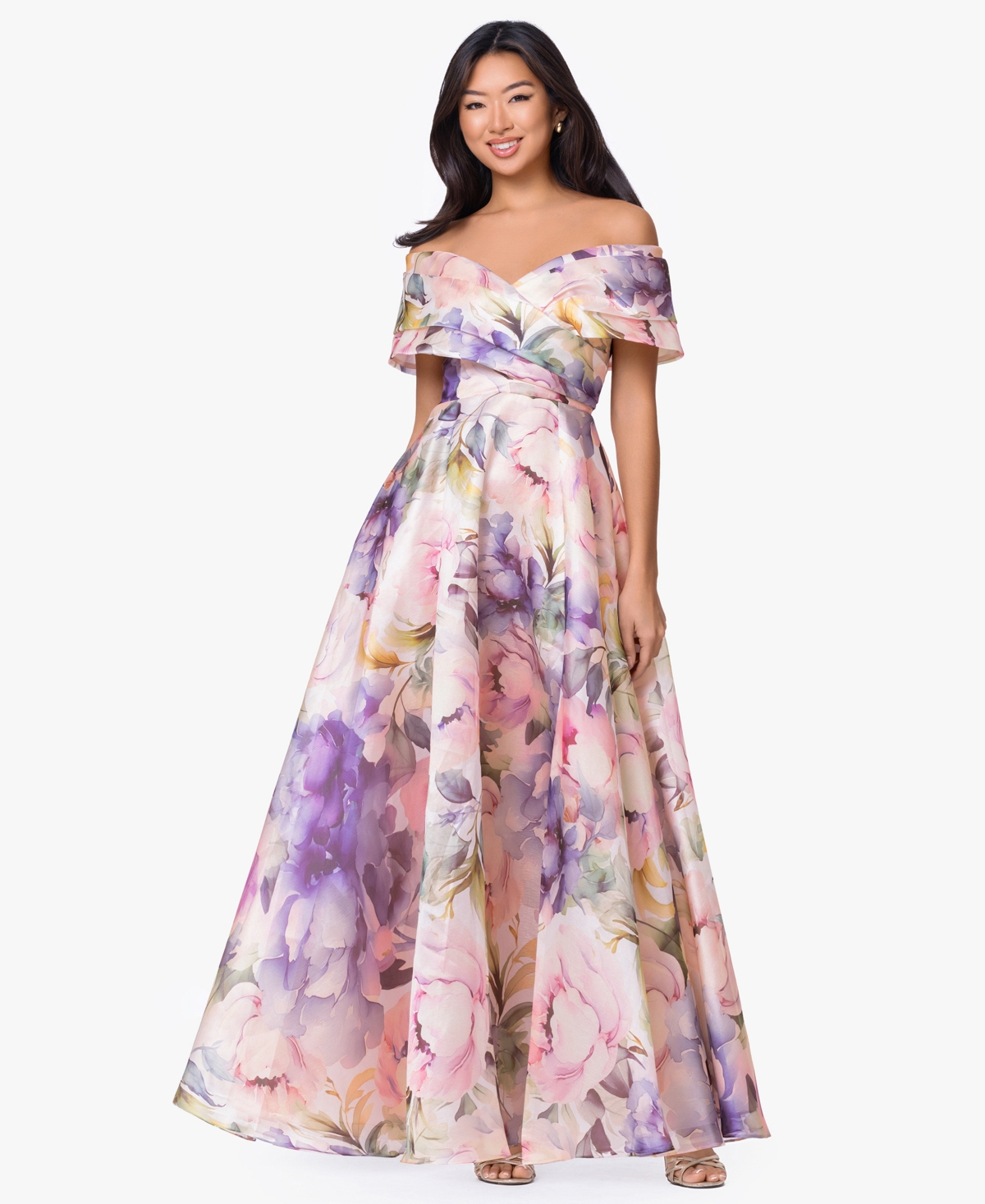 Click here for Betsy & Adam Petite Off-The-Shoulder Ball Gown - B... prices