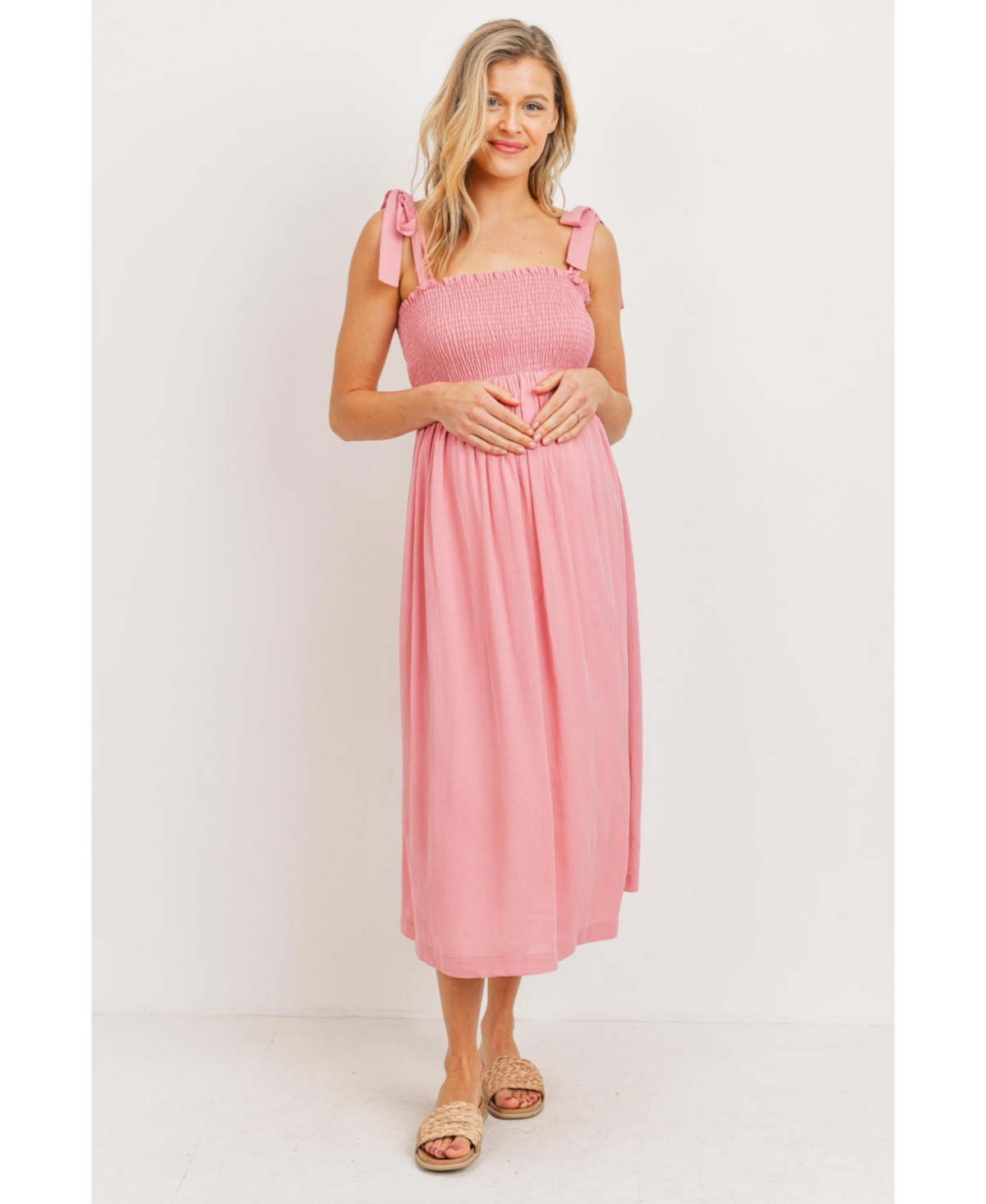 Click here for Hello Miz Maternity Smocked Tie-Shoulder Midi Dres... prices