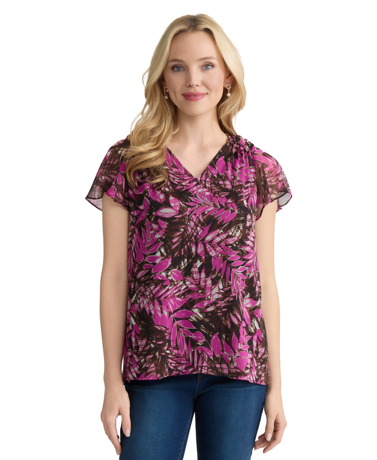 Click here for Jones New York Womens Printed V-Neck Top - Bright... prices