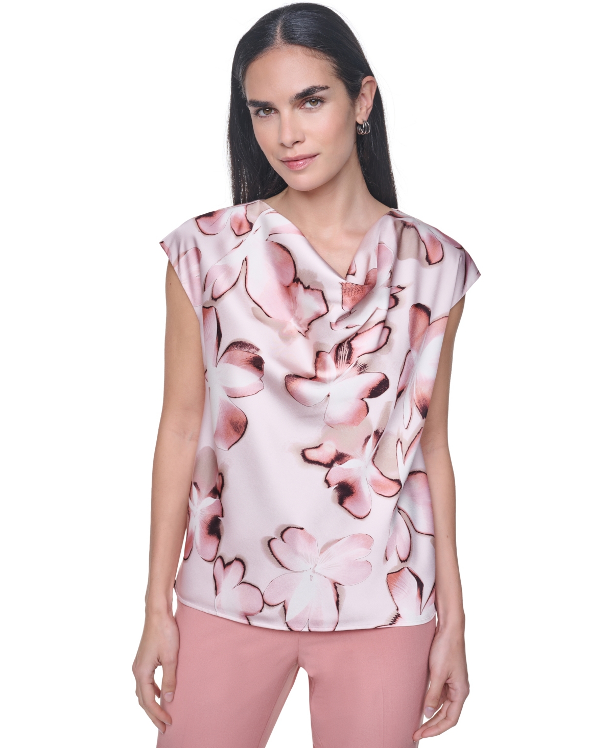 Click here for Calvin Klein Womens Cowl Neck Blouse - Blush Multi prices