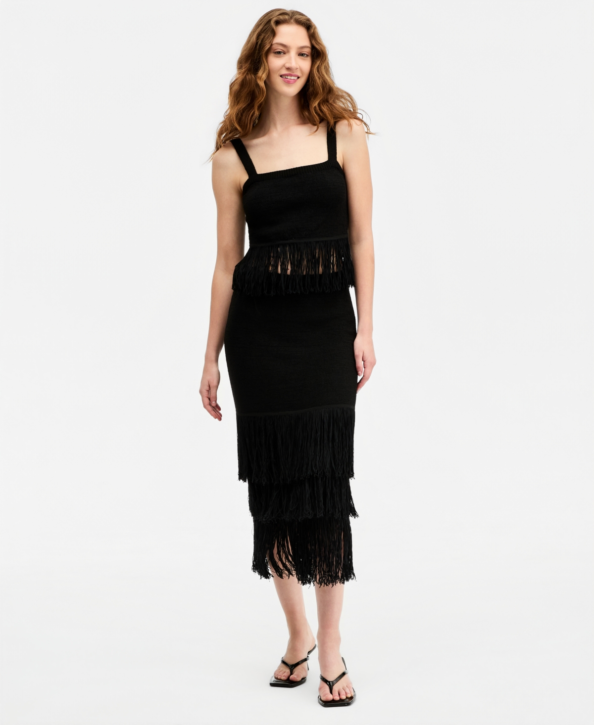 Click here for Bar Iii Womens Pull-On Tiered-Fringe Sweater Skirt... prices