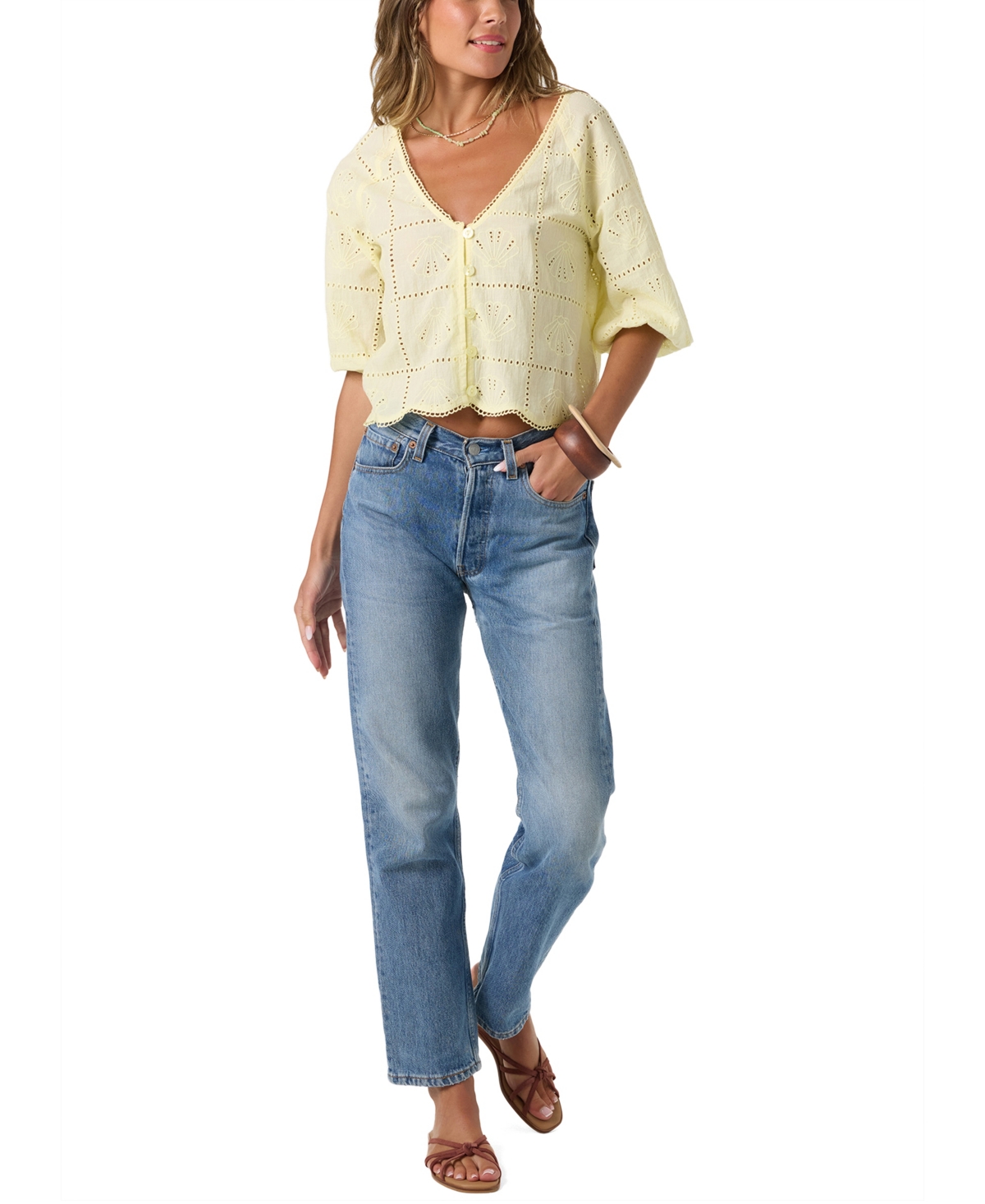 Click here for ONeill Womens Cotton V-Neck Flora Top - Citron prices