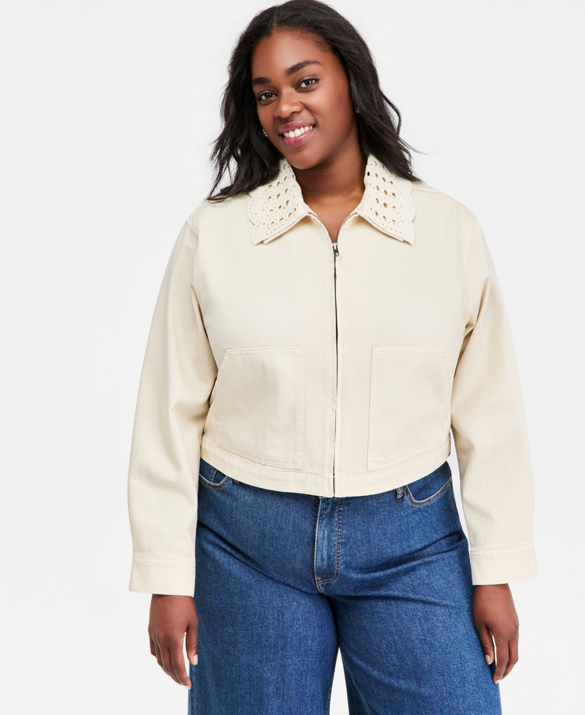 Click here for On 34th Plus Crochet Collar Cropped Denim Jacket... prices