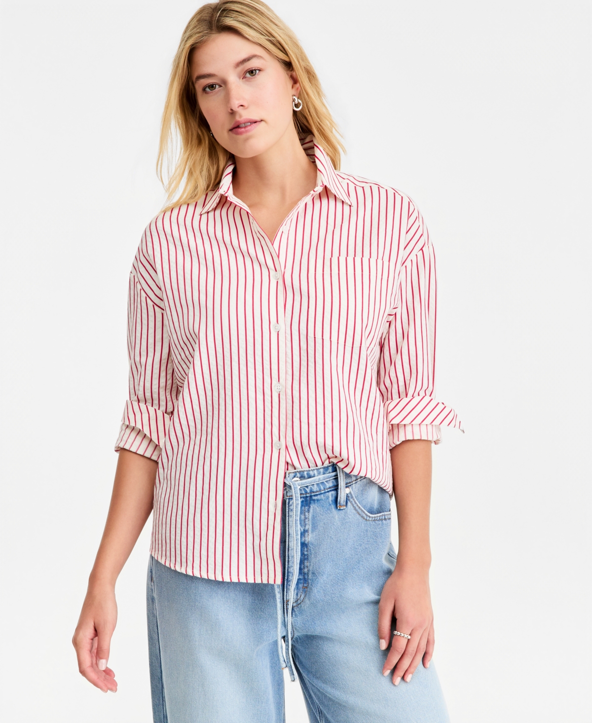 Click here for On 34th Womens Textured Seersucker Striped Button-... prices