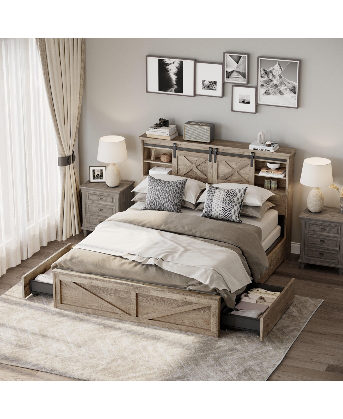 Click here for Lucky One Farmhouse Bed Frame Queen Size with Led... prices