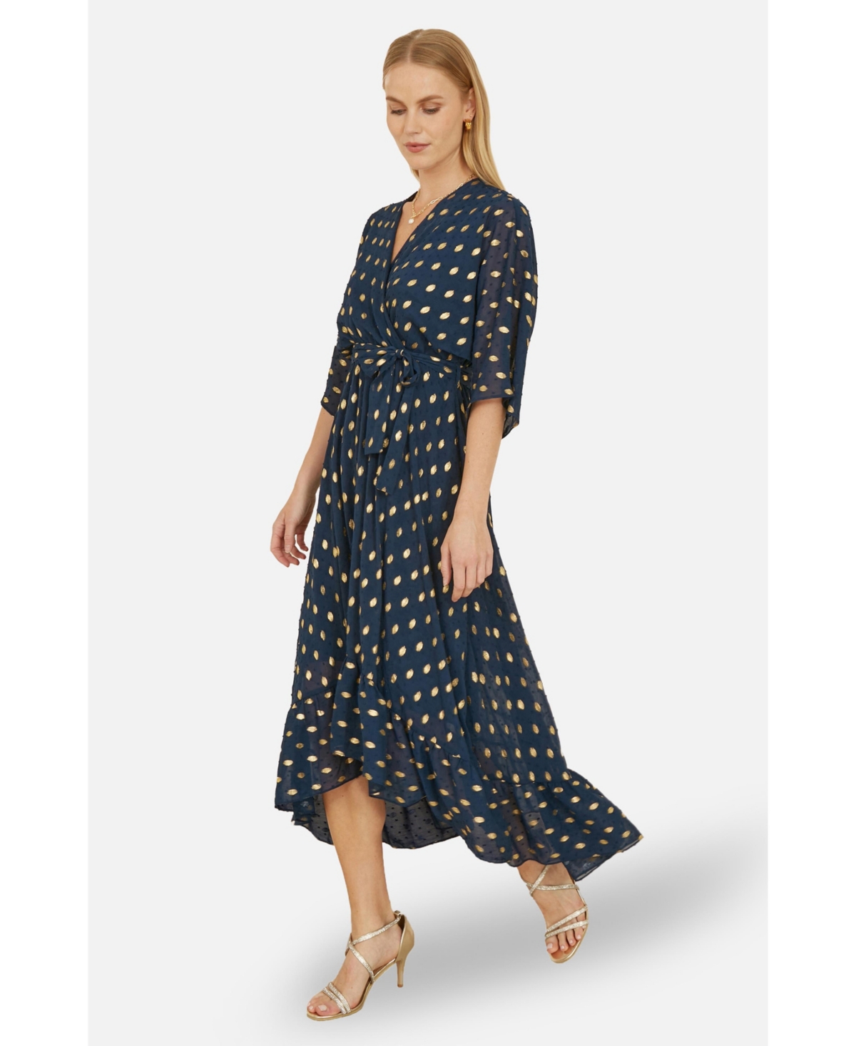 Click here for Yumi Womens Foil Print Wrap Over Dress - Navy prices