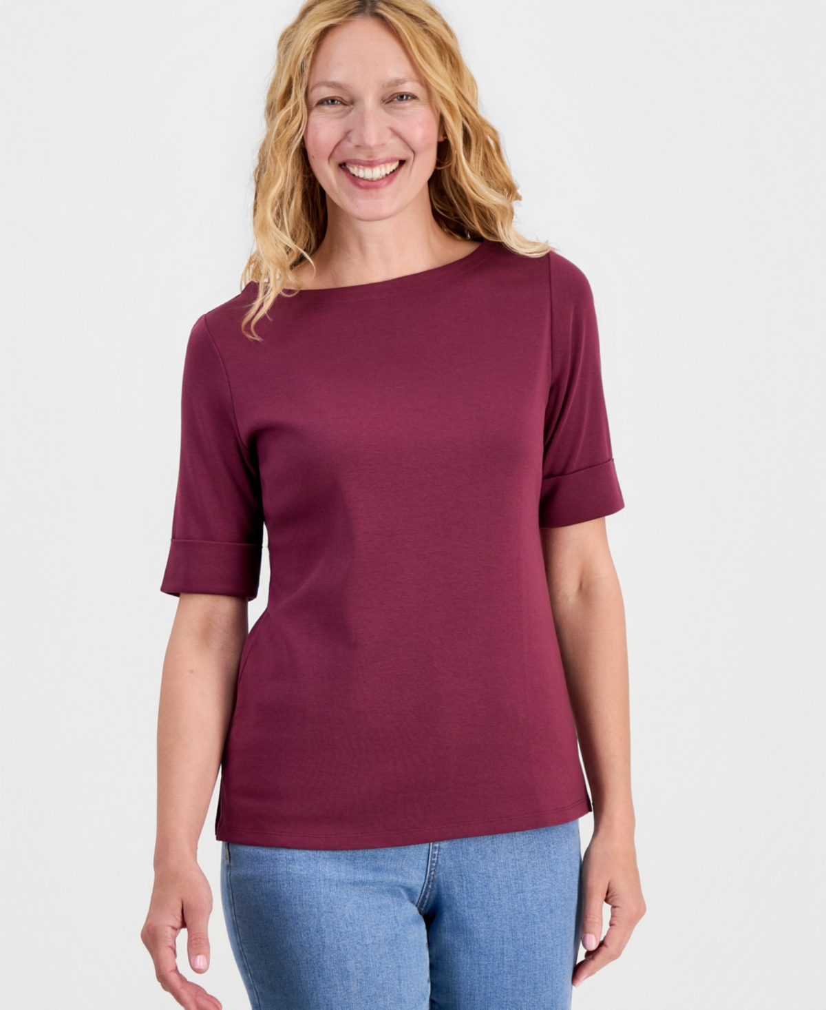 Click here for Style & Co Womens Boat-Neck Elbow Sleeve Cotton To... prices