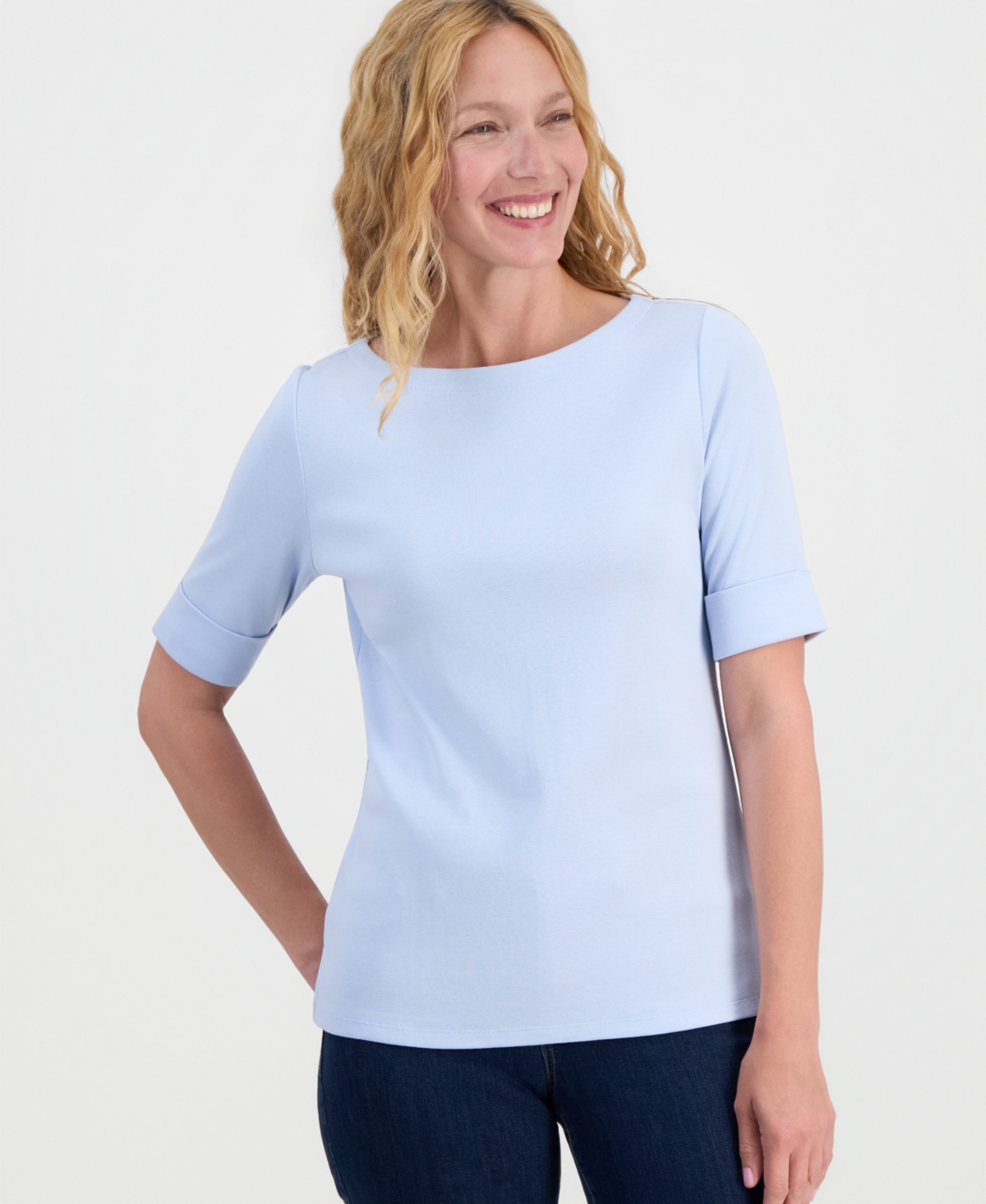 Click here for Style & Co Womens Boat-Neck Elbow Sleeve Cotton To... prices