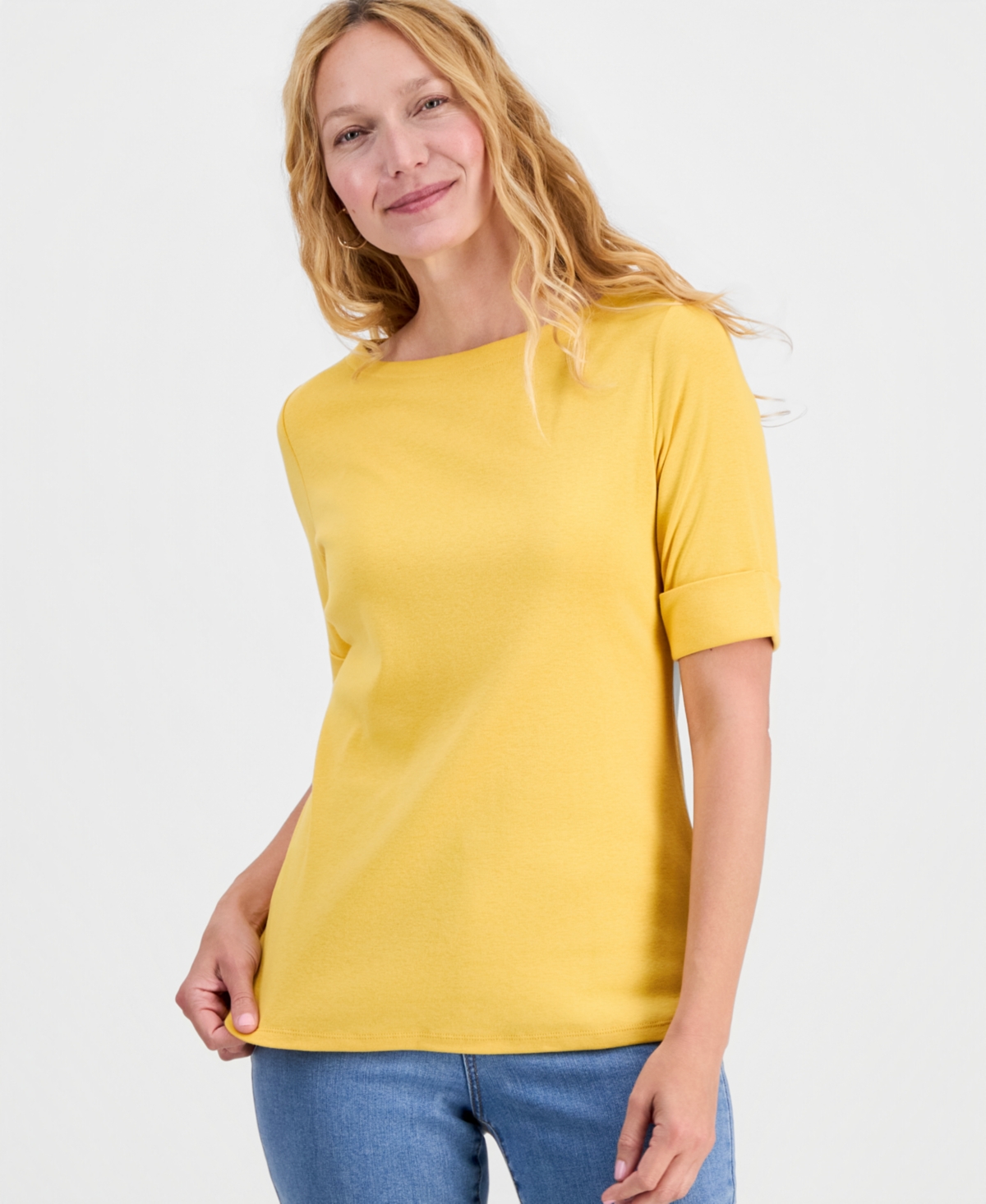 Click here for Style & Co Womens Boat-Neck Elbow Sleeve Cotton To... prices