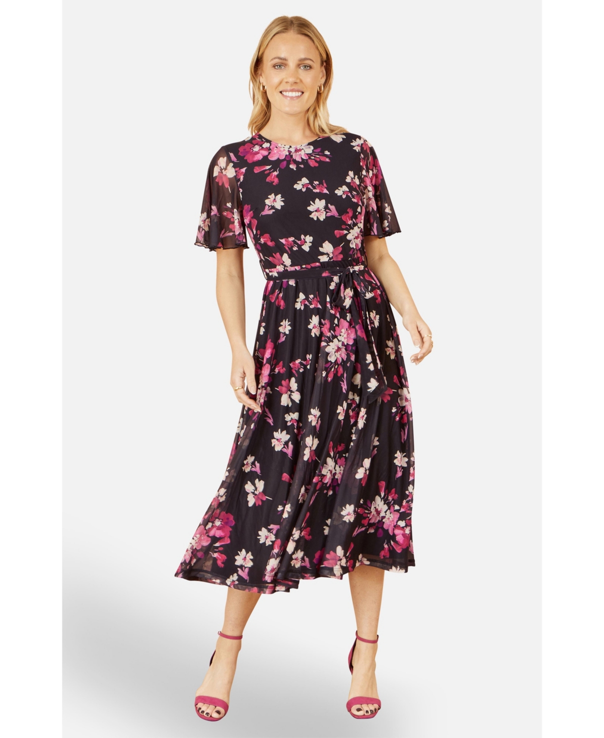 Click here for Yumi Womens Mesh Skater Floral Midi Dress - Black prices