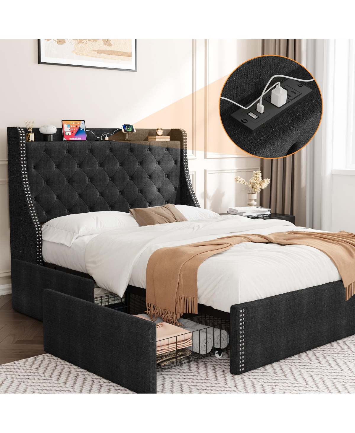 Click here for gaomon Upholstered Bed Frame with 4 Storage Drawer... prices